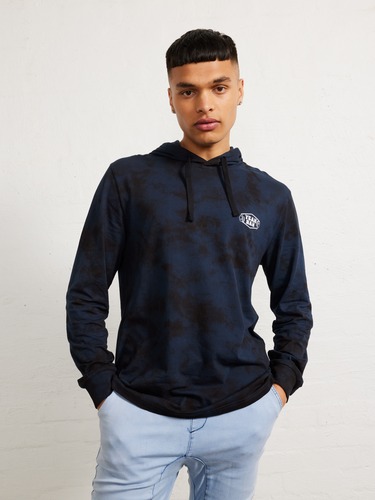 Navy Tie Dye Yeah Nah Hooded Long Sleeve Tee
