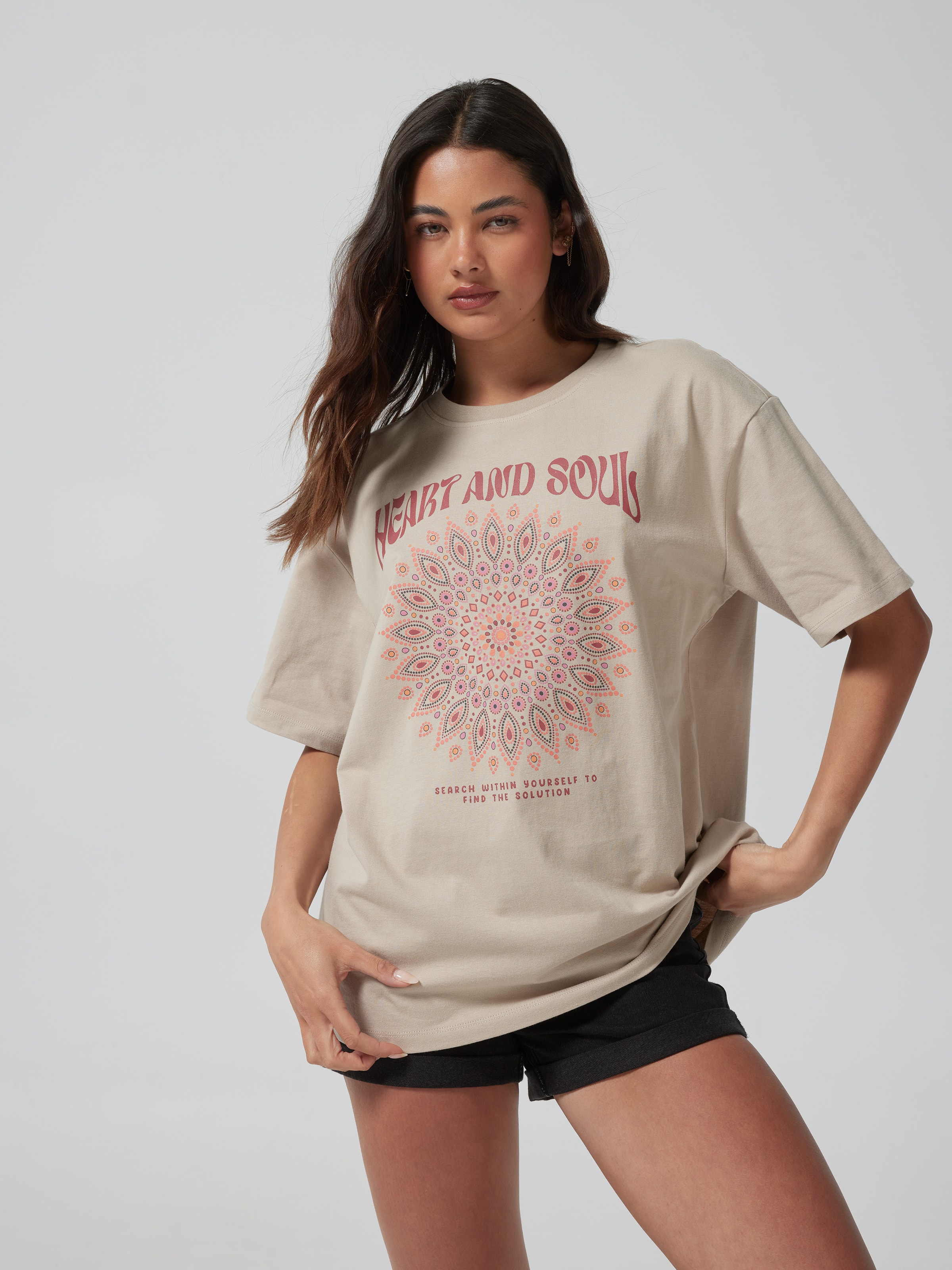 Heart & Soul Mandala Oversized Tee Summer Tan - Jay Jays Online
