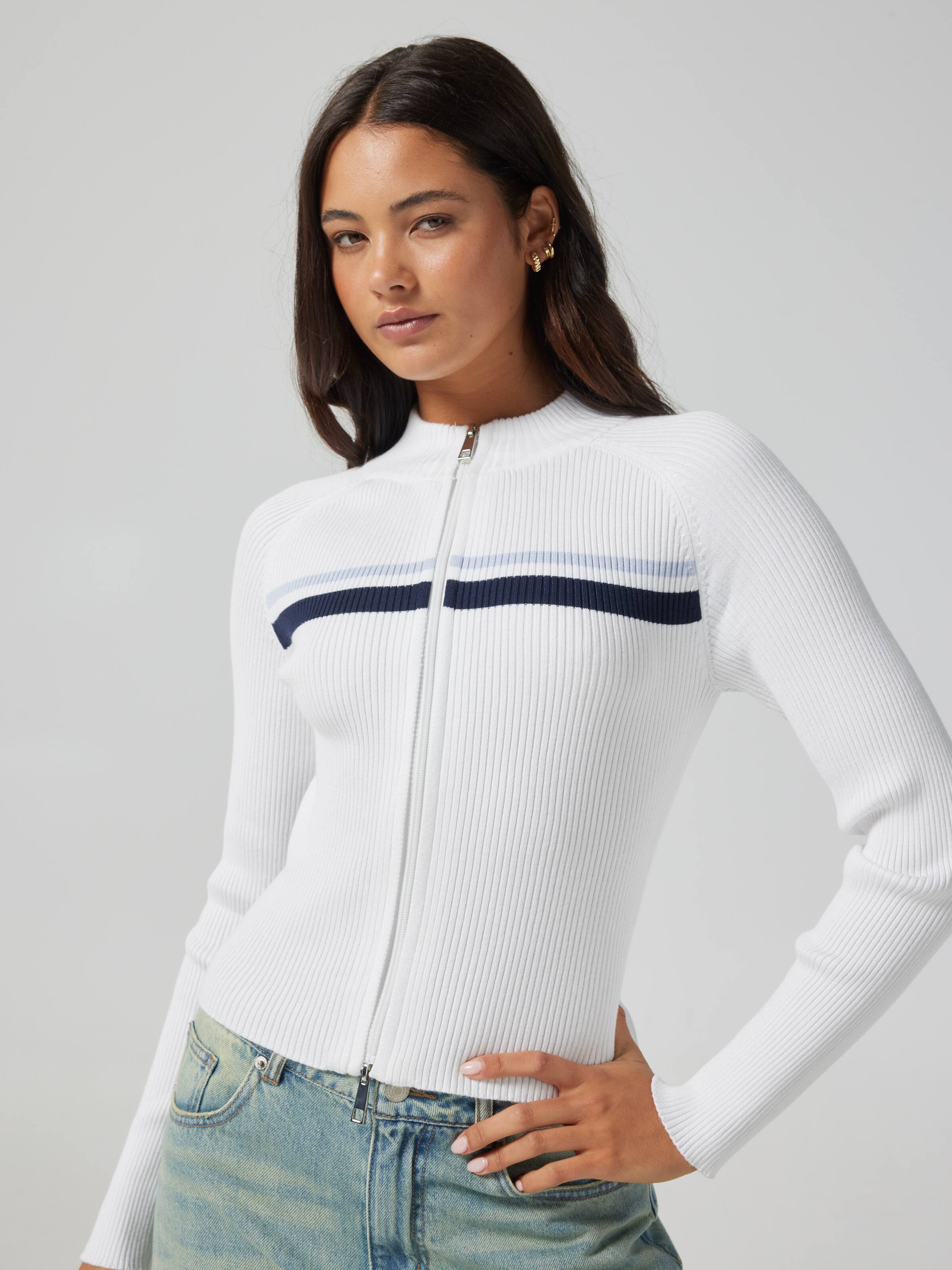 Jessica Double Zip Cardigan Cream Stripe - Smiggle Online